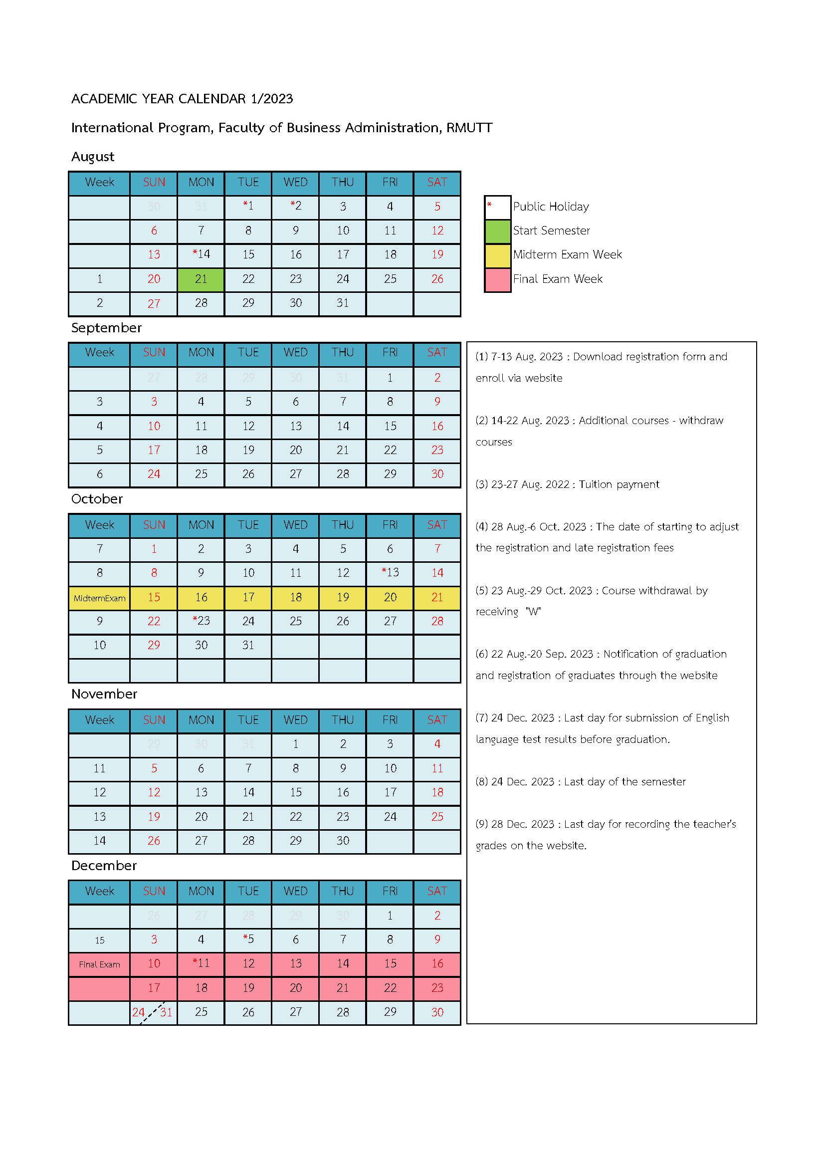 Academic Calendar International Program Faculty of Business Administration, RMUTT – bus.rmutt.ac.th